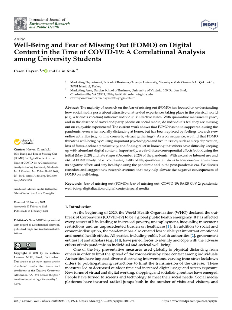 Well-Being and Fear of Missing Out (FOMO) on Digital Content in the ...