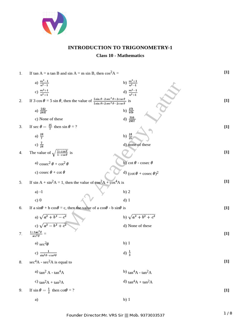 Intro MCQ | PDF | Triangle Geometry | Trigonometric Functions