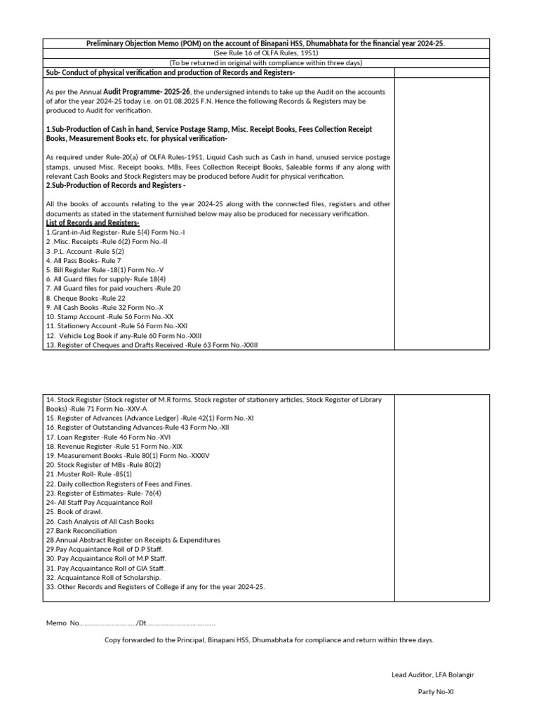 Preliminary Objection Memo for Binapani HSS | PDF | Audit | Business