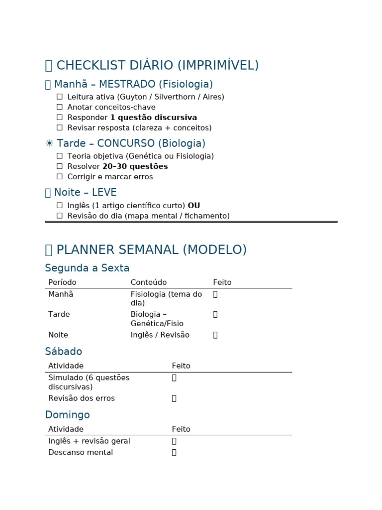 Checklist Diário de Estudos para Mestrado e Concurso | PDF | Biologia ...