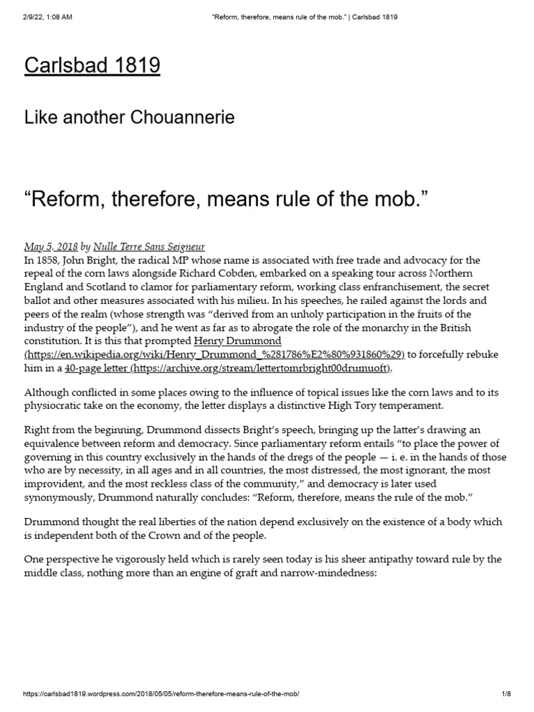 "Reform, Therefore, Means Rule of The Mob." - Carlsbad 1819 | PDF | Peasant