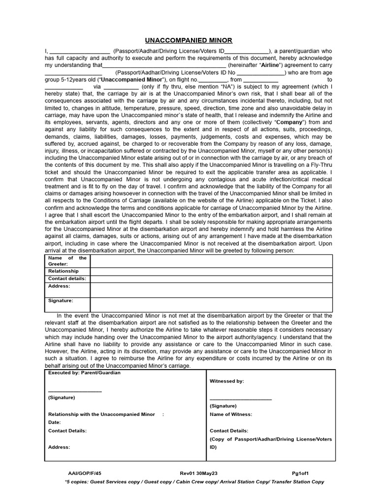 Unaccompanied Minor Travel Consent Form | PDF | Indemnity | Common Law