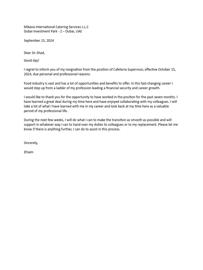 Resignation Letter - Mikana Catering | PDF