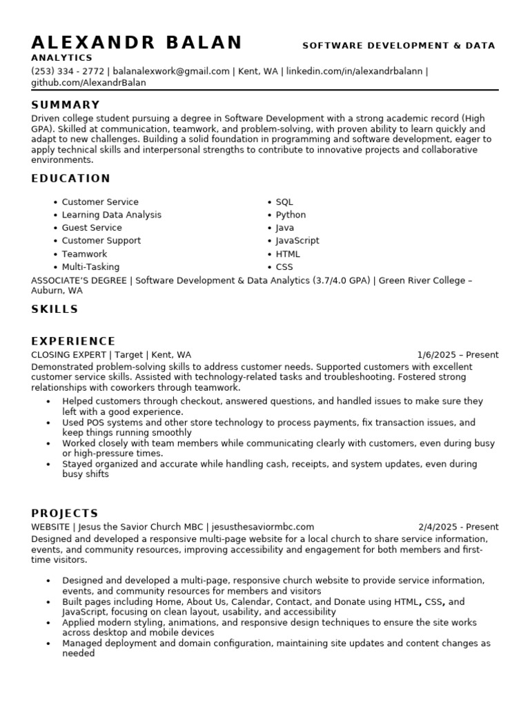 Alexandr Balan Resume | PDF | Point Of Sale | Computing