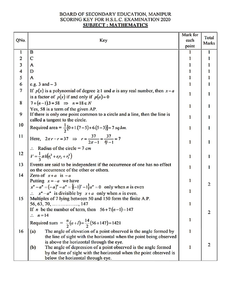 ANSWER KEYS (Matric) | PDF