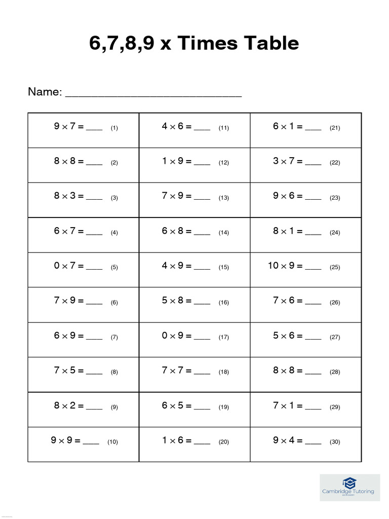 6-9 Times Table Practice Worksheet | PDF
