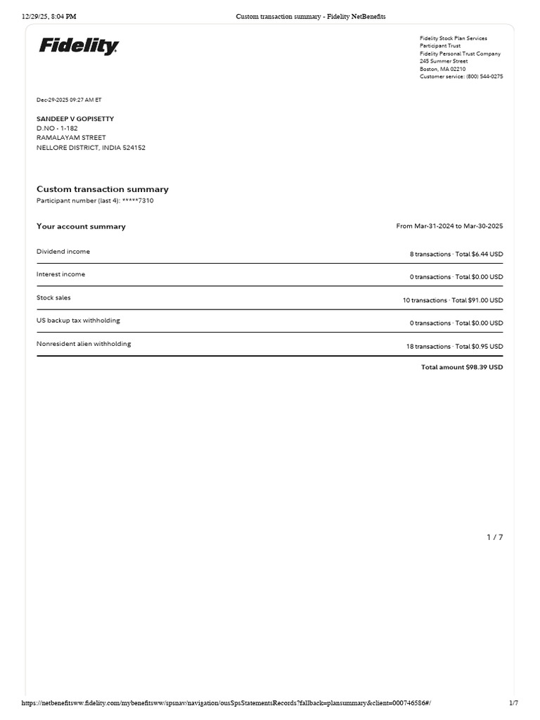 Custom Transaction Summary - Fidelity NetBenefits | PDF | Dividend | Stocks