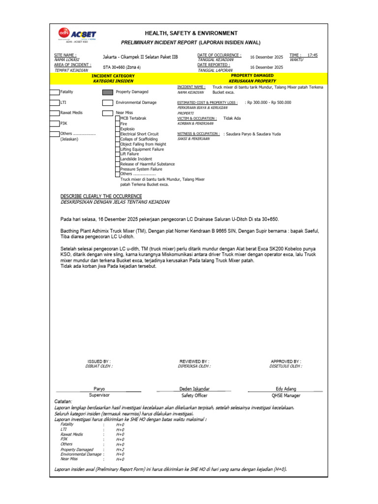 Incident Report - DT Menabrak Excavator | PDF