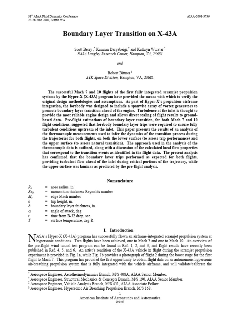 Boundary Layer Transition on X-43A. BERRY et al, 2008 | PDF | Boundary ...