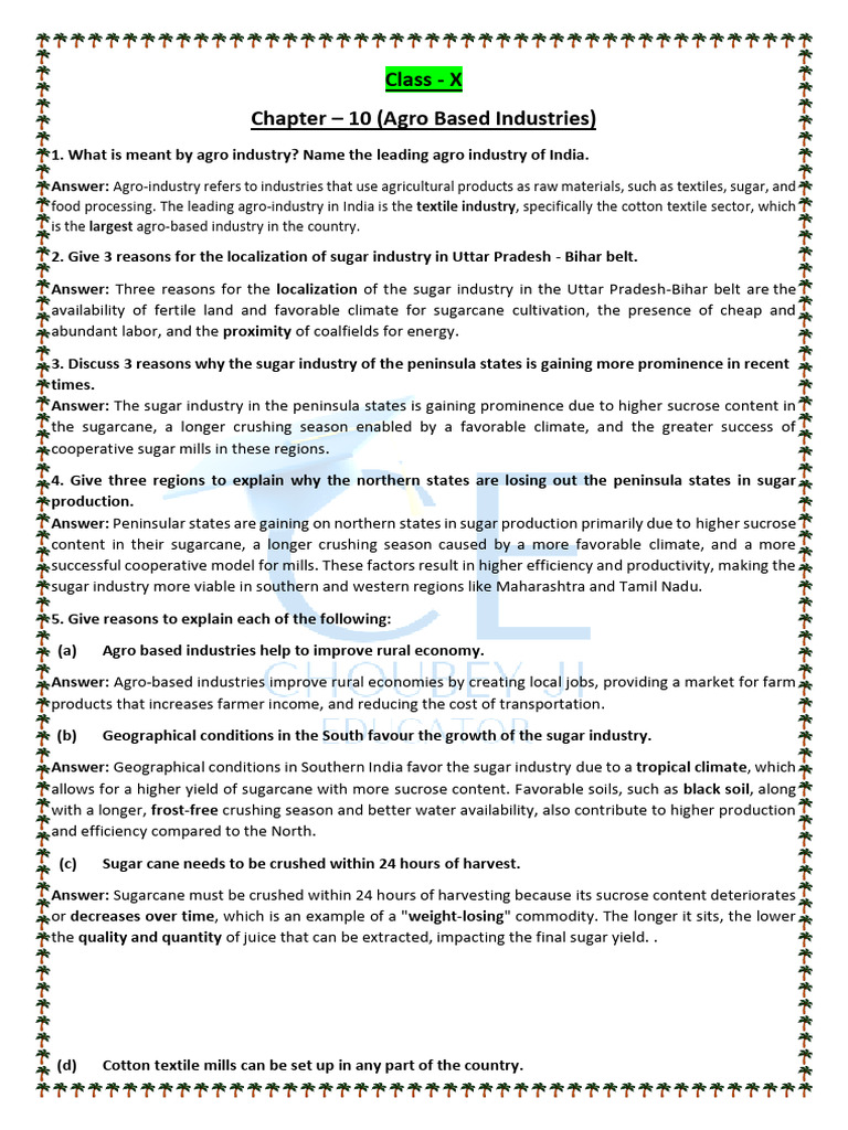 Class - 10, Ch-10 | PDF | Sugarcane | Cotton