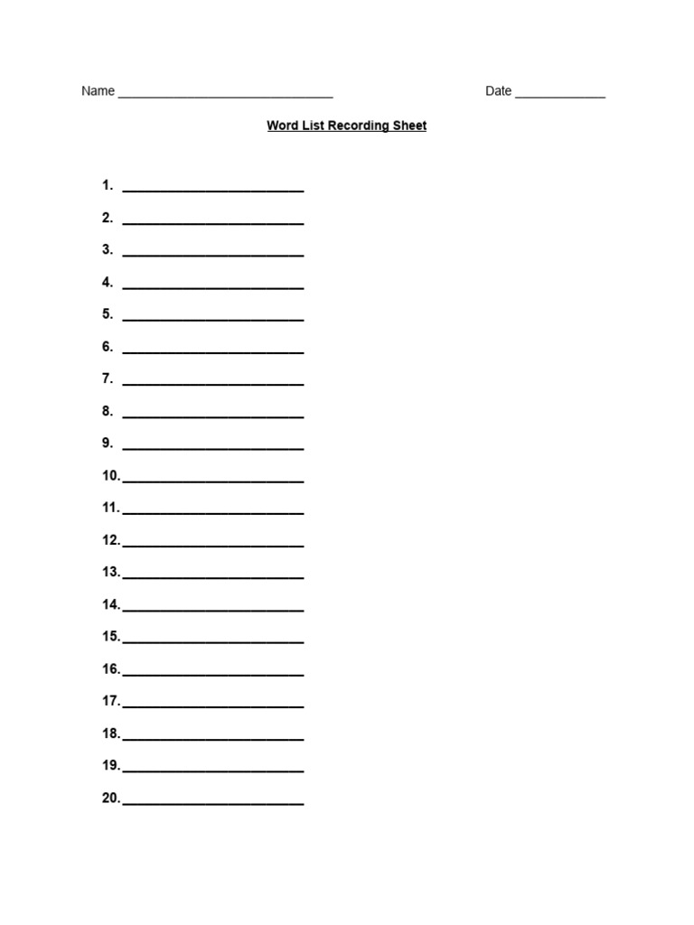Word List Recording Sheet | PDF