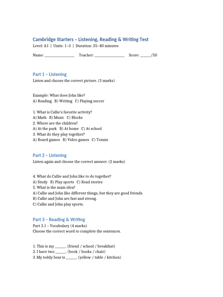 Cambridge Starters Listening Reading Writing Test | PDF