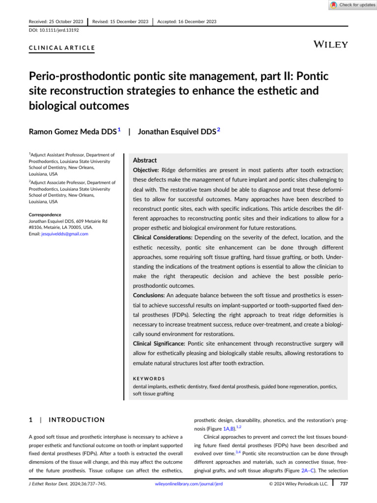 Perio-prosthodontic Pontic Site Management, Part II Pontic Site ...