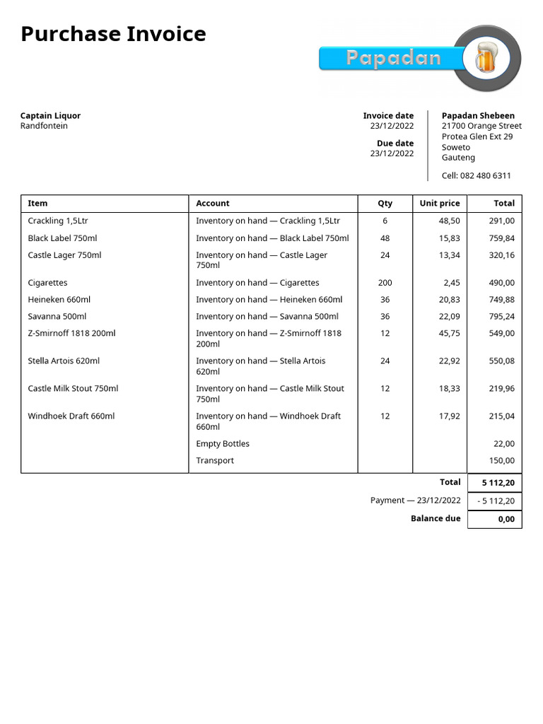 Purchase Invoice - Captain Liquor | PDF | Beer | Brewing