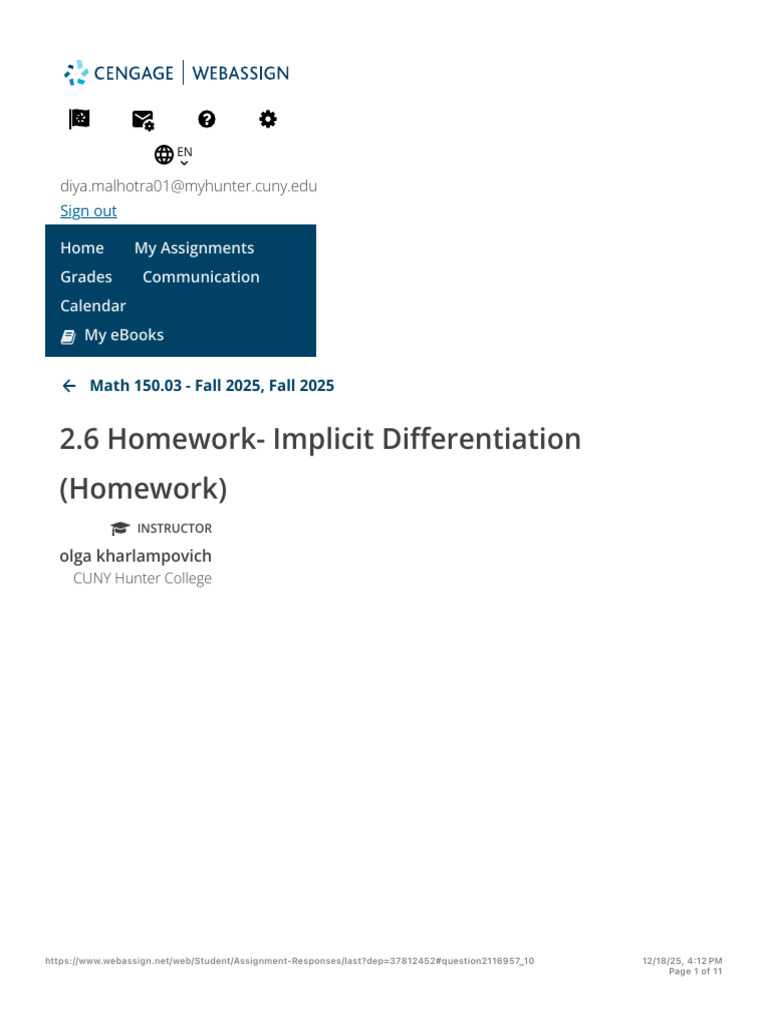2.6 Homework - Implicit Differentiation - Math 150.03 - Fall 2025, Fall ...