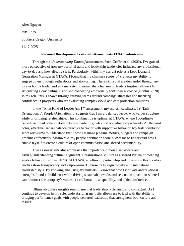 Personal Assessment Final Reflection | PDF | Leadership | Behavioural ...