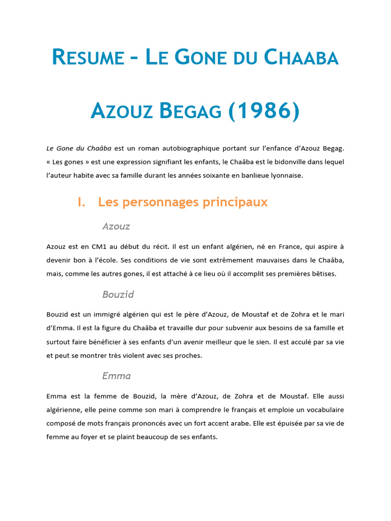 Enfance d'Azouz au Chaâba : Identité et Lutte | PDF