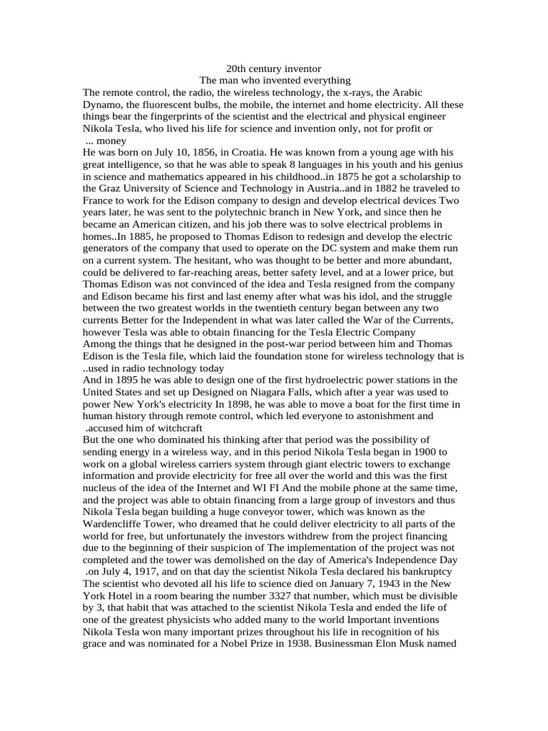 20th Century Inventor | PDF | Nikola Tesla | Thomas Edison