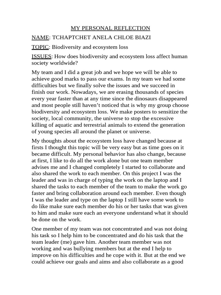 My Personal Reflection (Anela) | PDF | Biodiversity | Biogeography