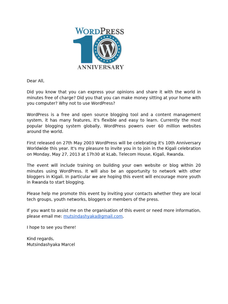 Word Press 10 Th Anniversary Letter | PDF