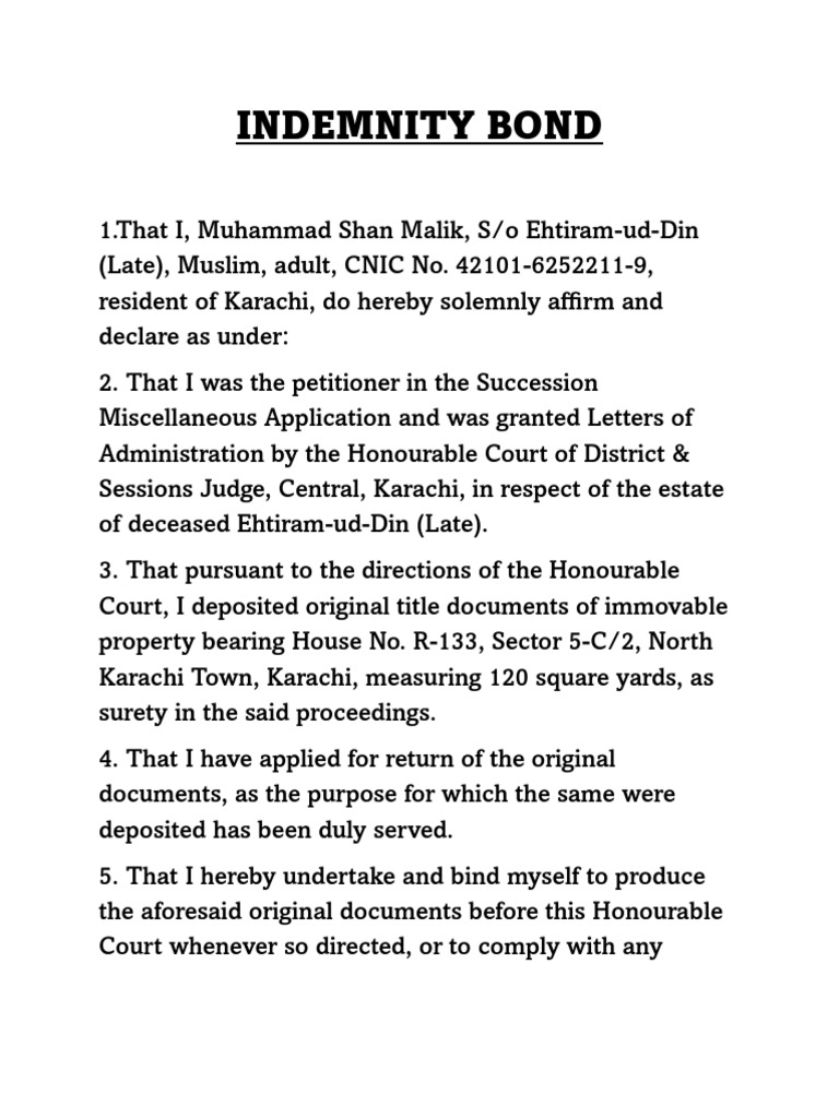 Indemnity Bond for Document Return | PDF