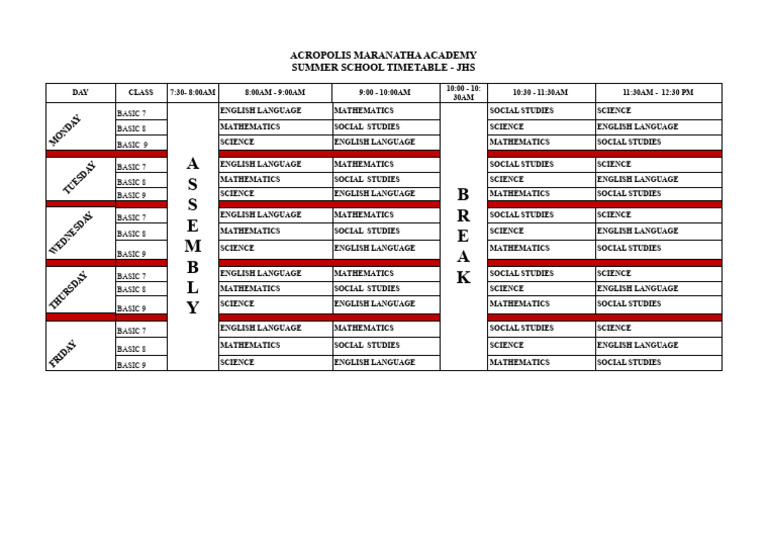 Acropolis Maranatha JHS Summer Timetable | PDF