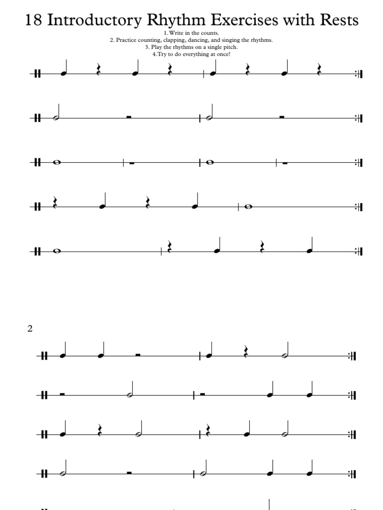 18 Introductory Rhythms With Rests. Worksheet | PDF