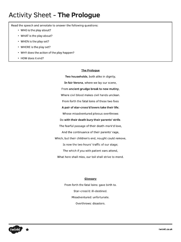 Romeo and Juliet l1 - The Prologue Activity Sheet 1488200574 | PDF