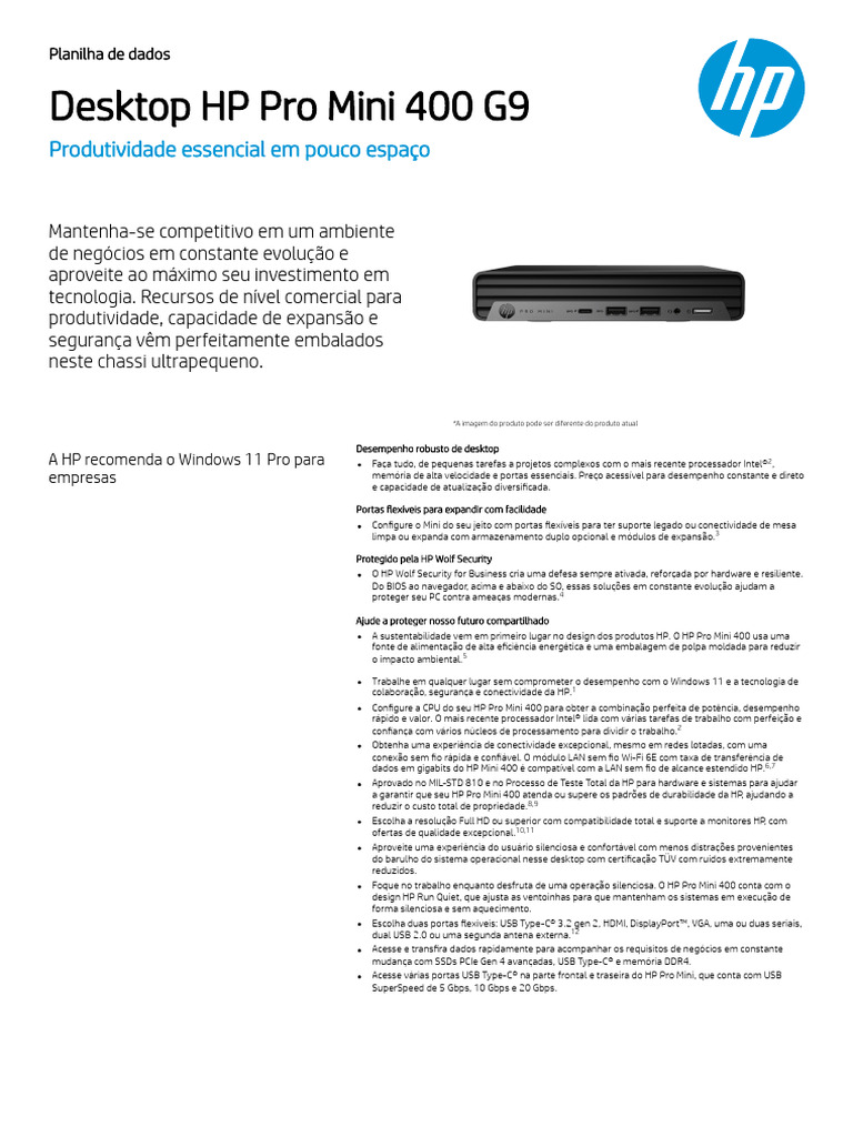 Catálogo HP Pro Mini 400 G9 Desktop PC | PDF | Wi-Fi | USB