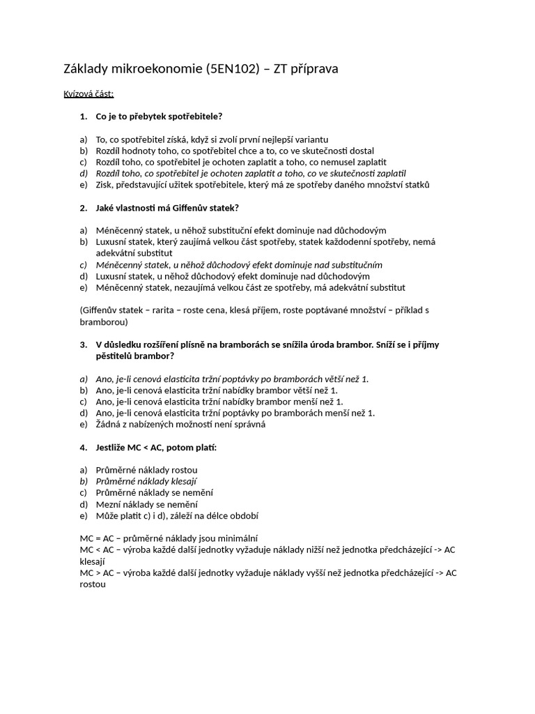 Základy Mikroekonomie ZT Příprava | PDF