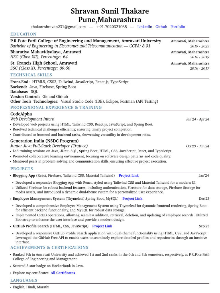 Shravan Sunil Thakare New Resume | PDF | Java Script | Web Development