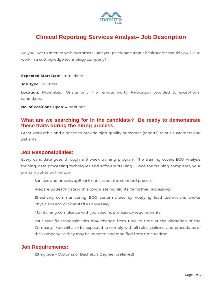 JD - Clinical Reporting Services Analyst | PDF | Medical Diagnosis | Heart