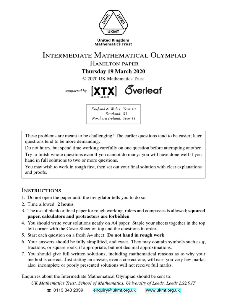 UKMT Intermediate Olympiad 2020 Paper | PDF | Numbers | Elementary ...