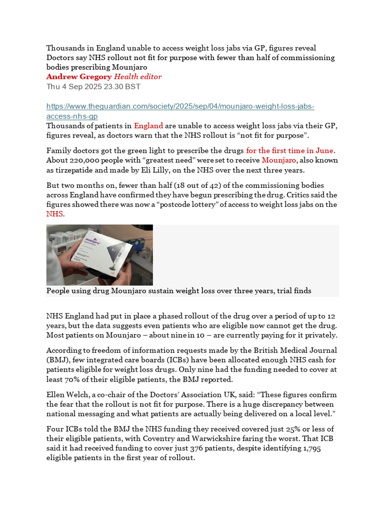 NHS Weight Loss Jab Access Issues in England | PDF | Obesity | National ...