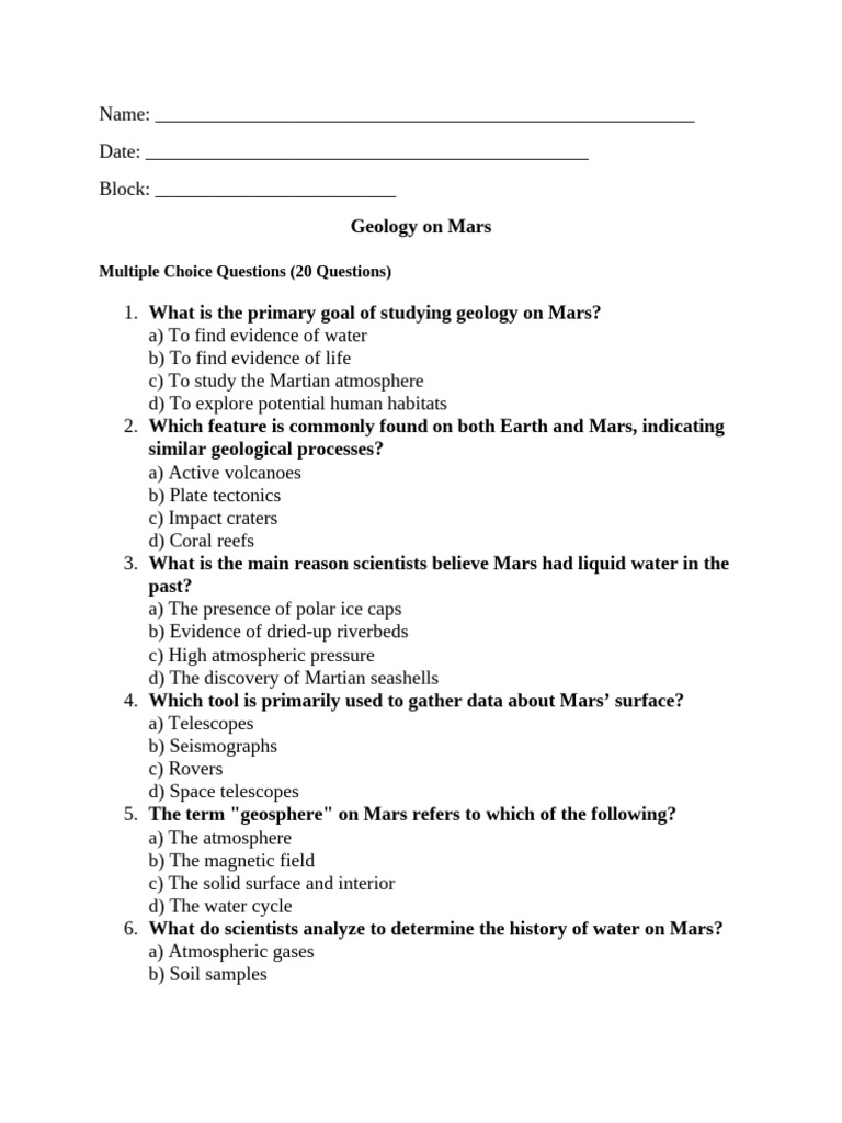 Mars Geology Quiz: MCQs & True/False | PDF | Mars | Volcano