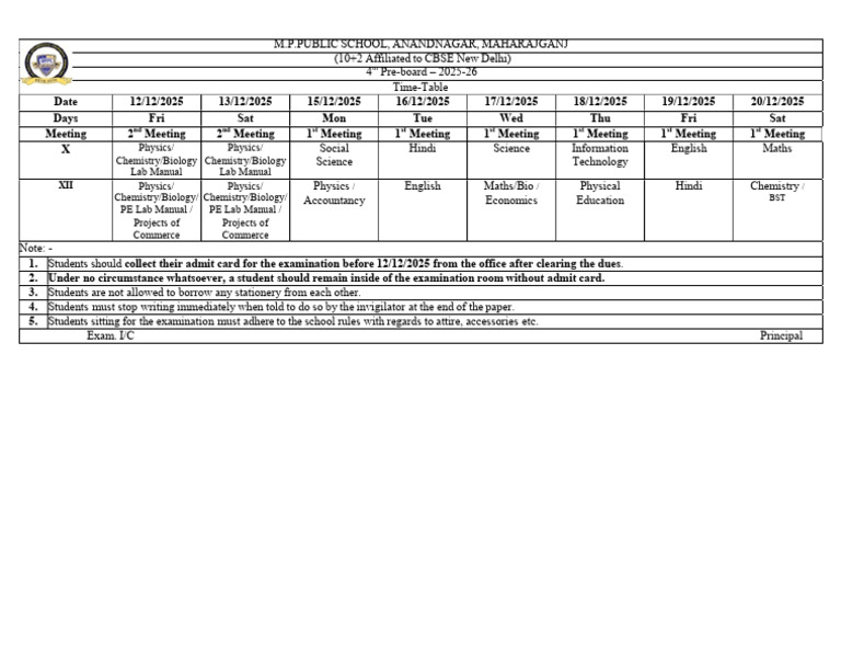 M.P. Public School Pre-board Timetable 2025 | PDF
