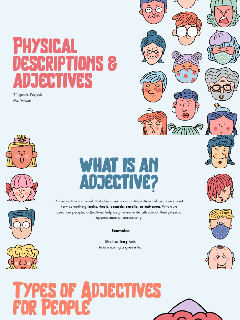 Physical Descriptions and Adjectives Presentation in Blue and Pink ...