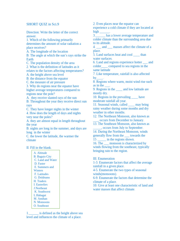 SHORT QUIZ (1) | PDF | Equator | Weather