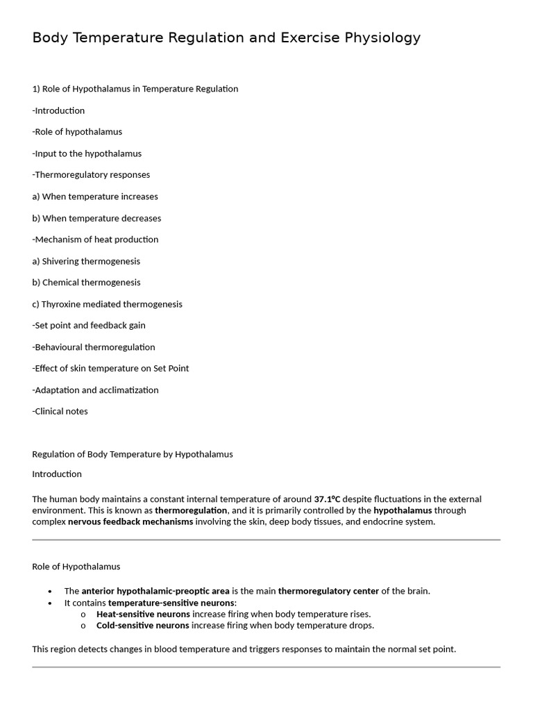 Body Temperature Regulation and Exercise Bhalani Question Answers | PDF ...