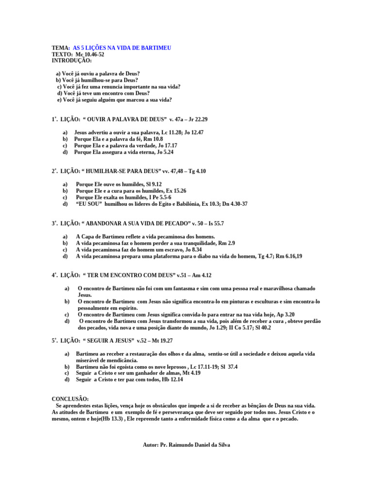 Sermao 03 - As 5 Licoes Na Vida de Bartimeu | PDF | Pecado | Crença e ...