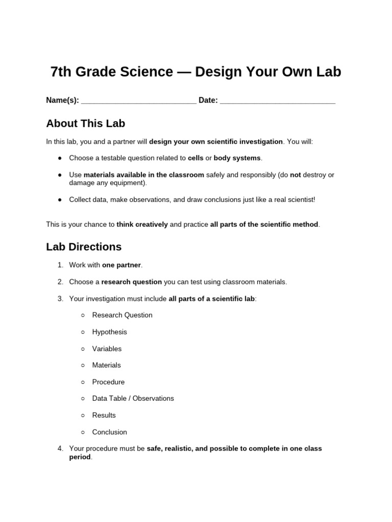 7th Grade Science — Design Your Own Lab | PDF | Water | Experiment