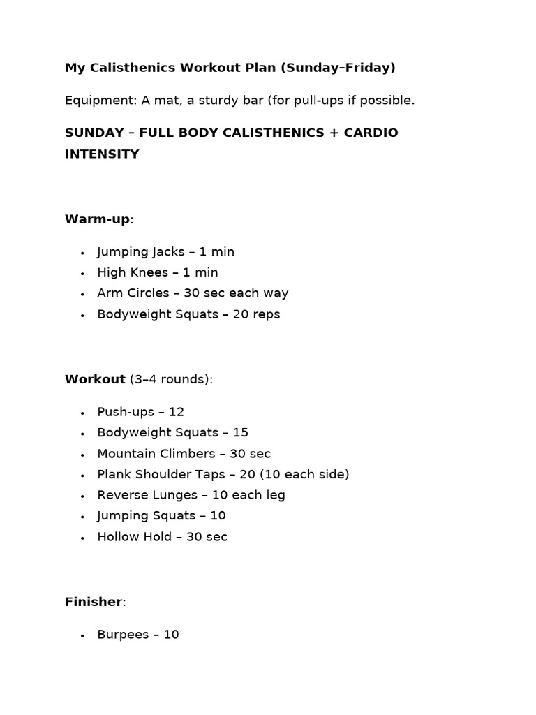 Weekly Calisthenics Workout Plan | PDF | Sports Science | Physical Exercise