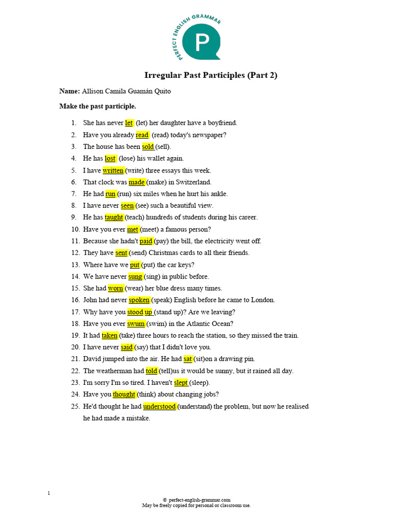 Irregular Past Participles Exercises | PDF