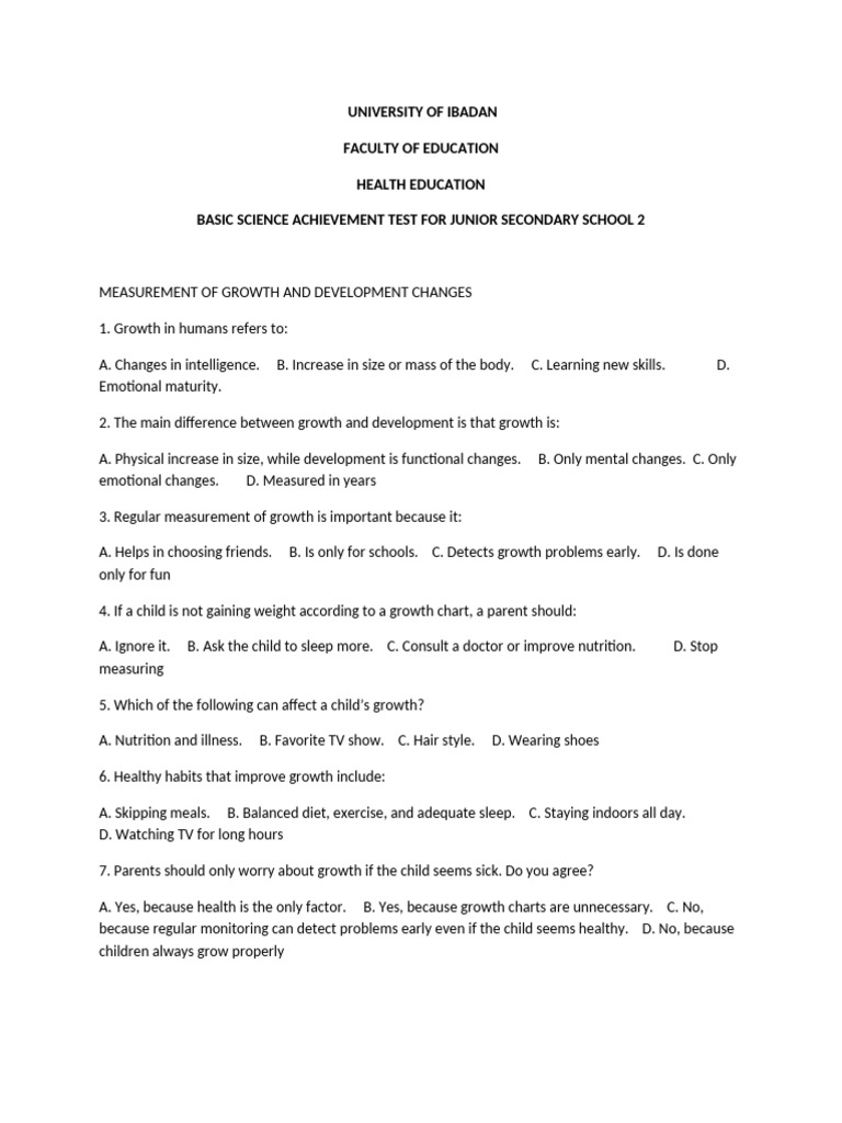Junior Secondary Health Education Test | PDF | Hygiene | Pollution