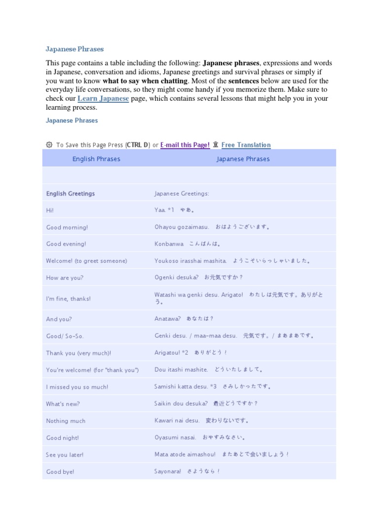 Japanese Phrases and Common Sentences | PDF