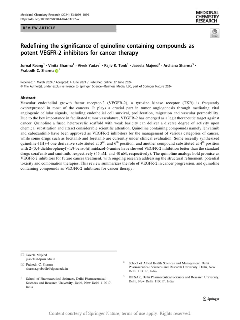 Redefining The Significance of Quinoline Containin | PDF | Angiogenesis ...