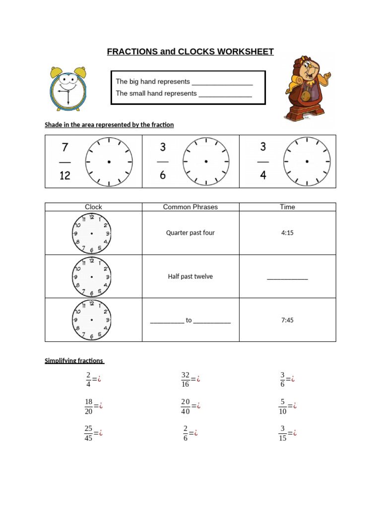 Fractions and Time Worksheet | PDF