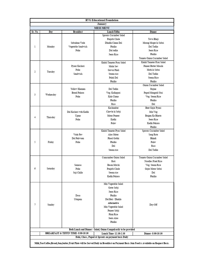January Mess Menu | PDF | Lunch | Salad