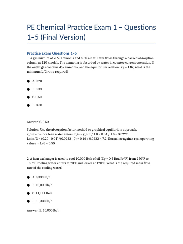 PE Chemical Practice Exam 1 Q1-5 FINAL | PDF