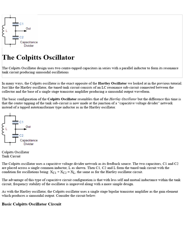 Colpitts Oscillator Tutorial and Colpitts Design | PDF | Electronic ...